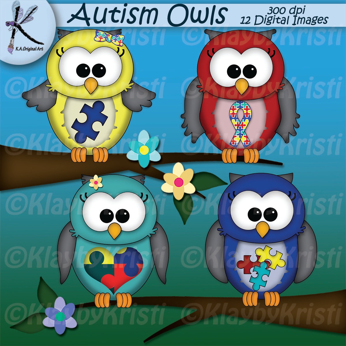 Autism Owl Digital Clip Art Set INSTANT DOWNLOAD Scrapbooking