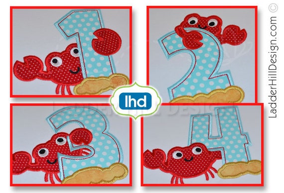 Crab Birthday Number Set Applique Design by ladderhilldesign