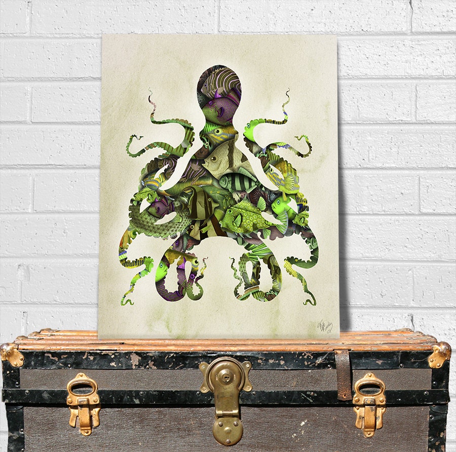 Octopus Poster Green and Purple Fishy Octopus Illustration