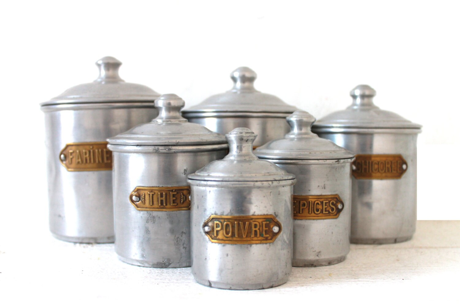 French vintage Art Deco kitchen canisters set of 6. Aluminium. 1940 ...
