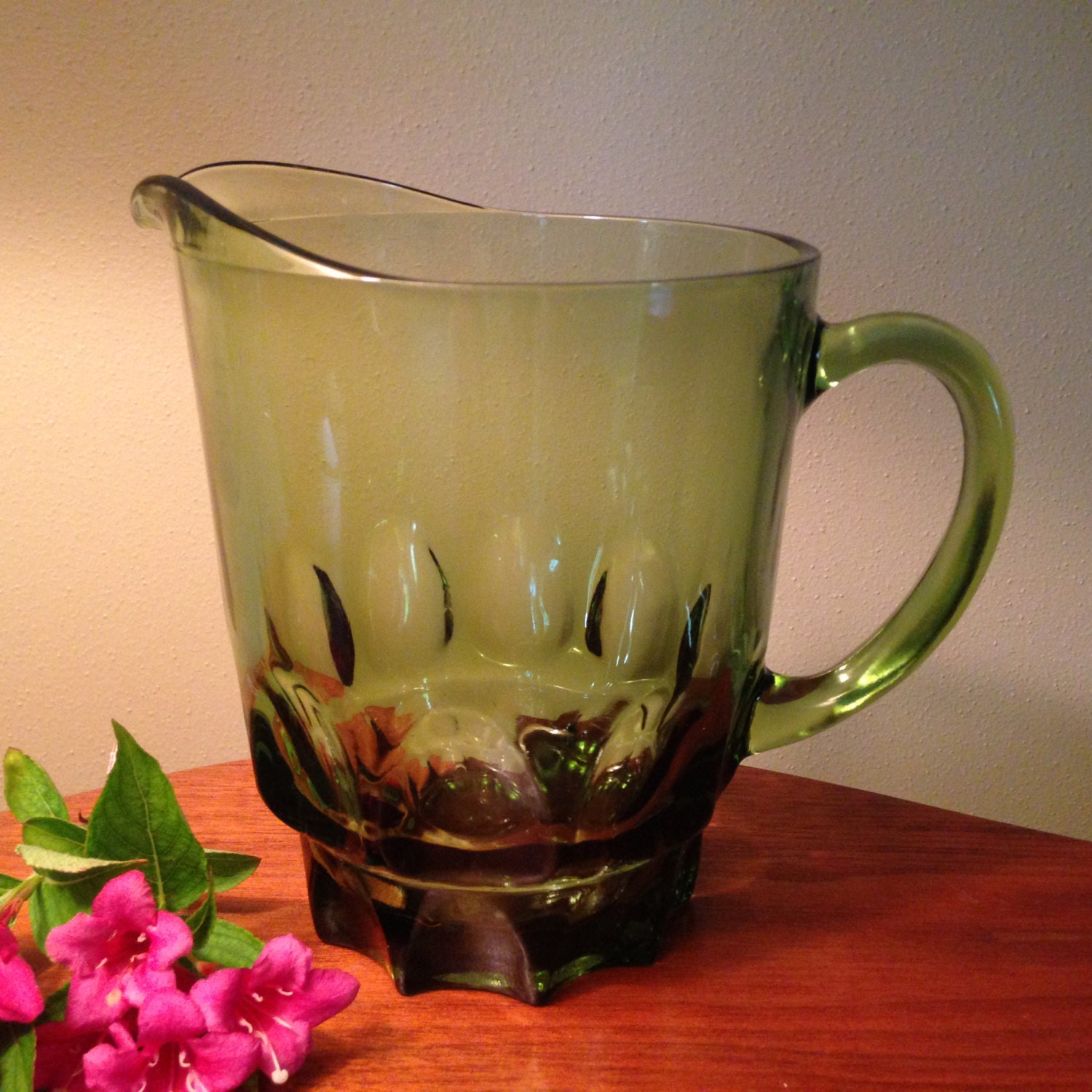 Vintage heavy avocado green glass pitcher with thumbprint pattern ...