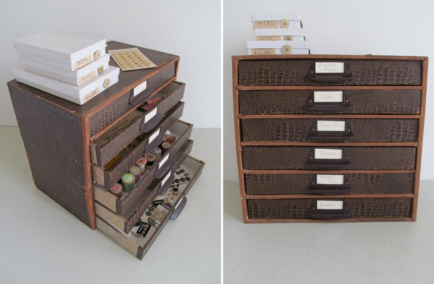 Versatile storage!~Vintage bank of 6 filing drawers~Pine & faux ...