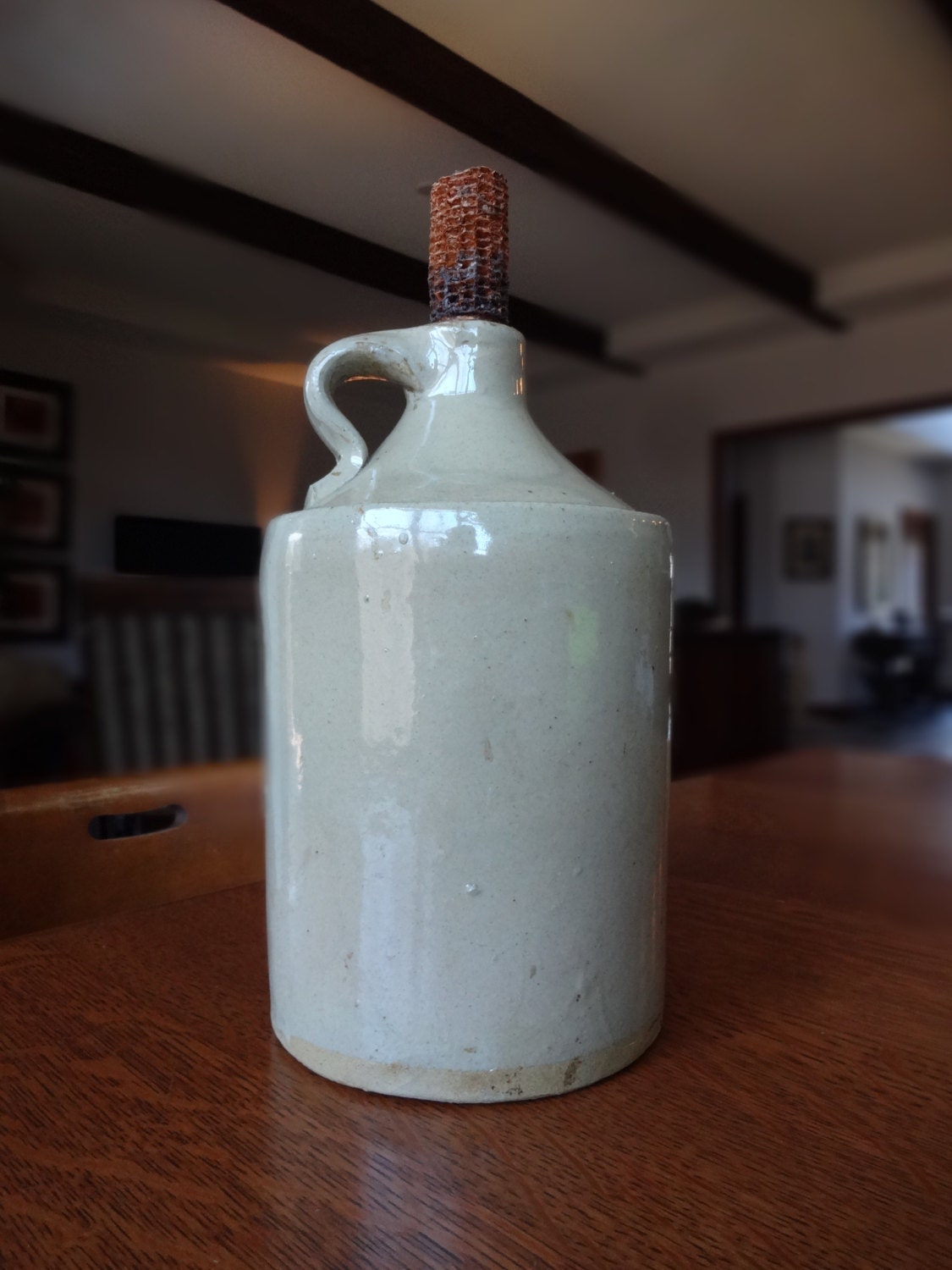 Antique Stoneware Whiskey Jug with Corn Cob Stopper Primitive