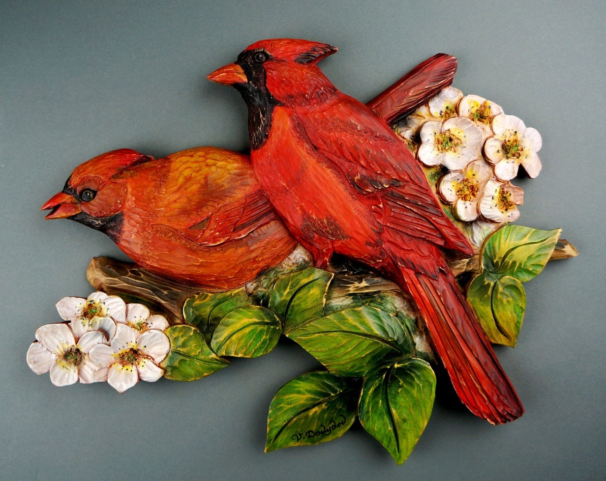 Red Cardinal Couple carved on wood painted by hand
