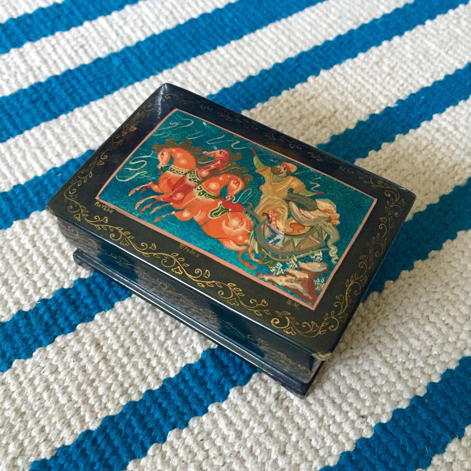 Antique Hand-Painted Russian Mstyora Lacquered Trinket Box with Hinged ...