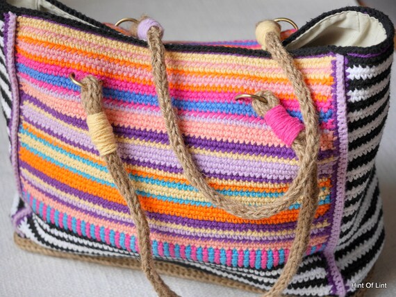 Items similar to Colorful crocheted bag, 100% cotton thread, thick ...