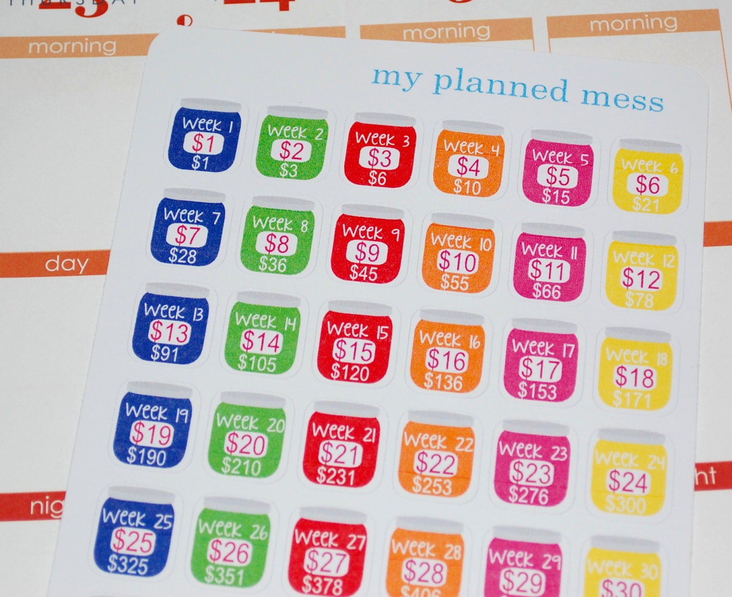 52 Week Money Saving Stickers in Bright Colors by MyPlannedMess