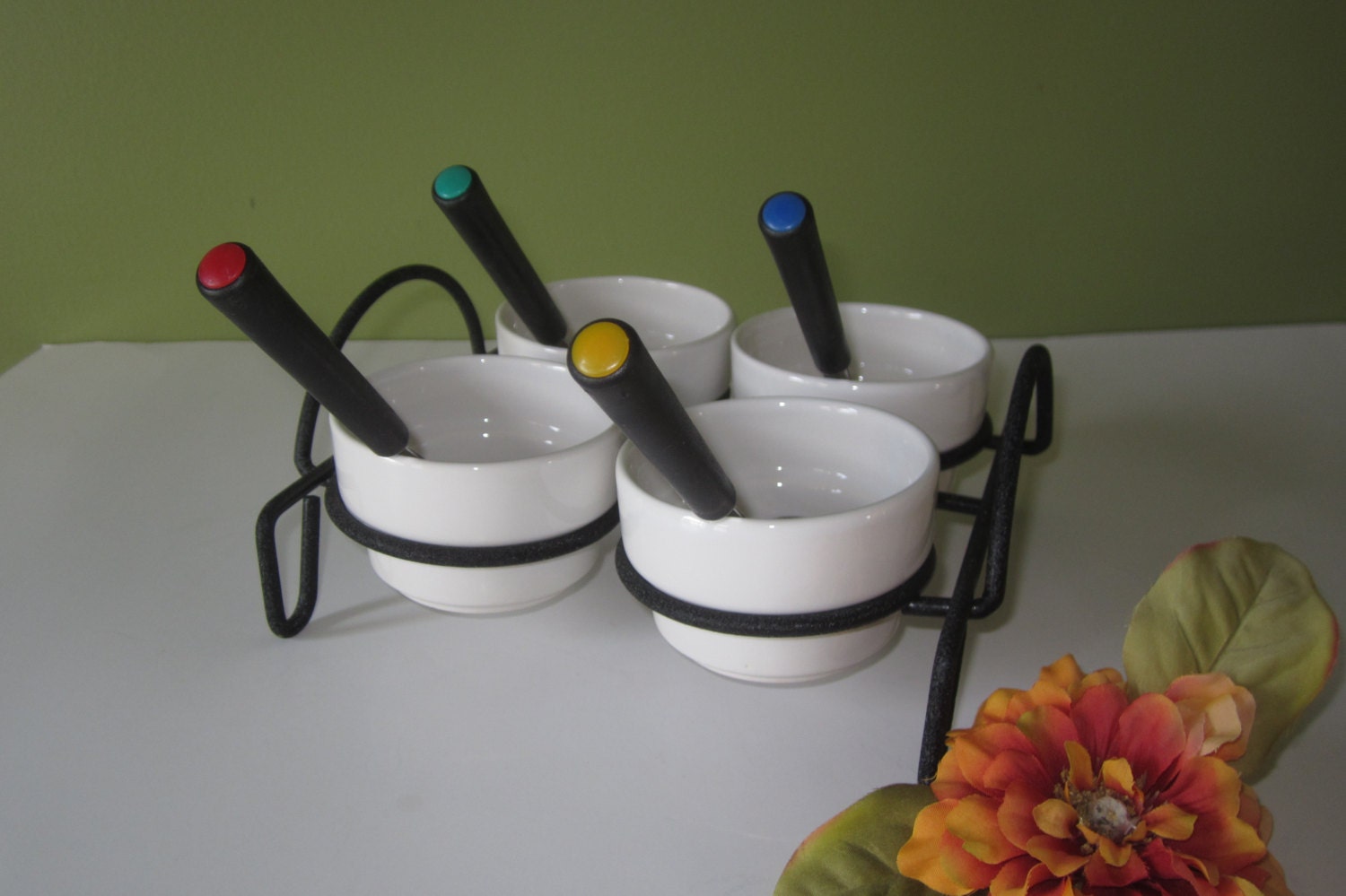 Vintage Condiment Caddy with Ceramic Bowls & Spoons / Relish Tray ...