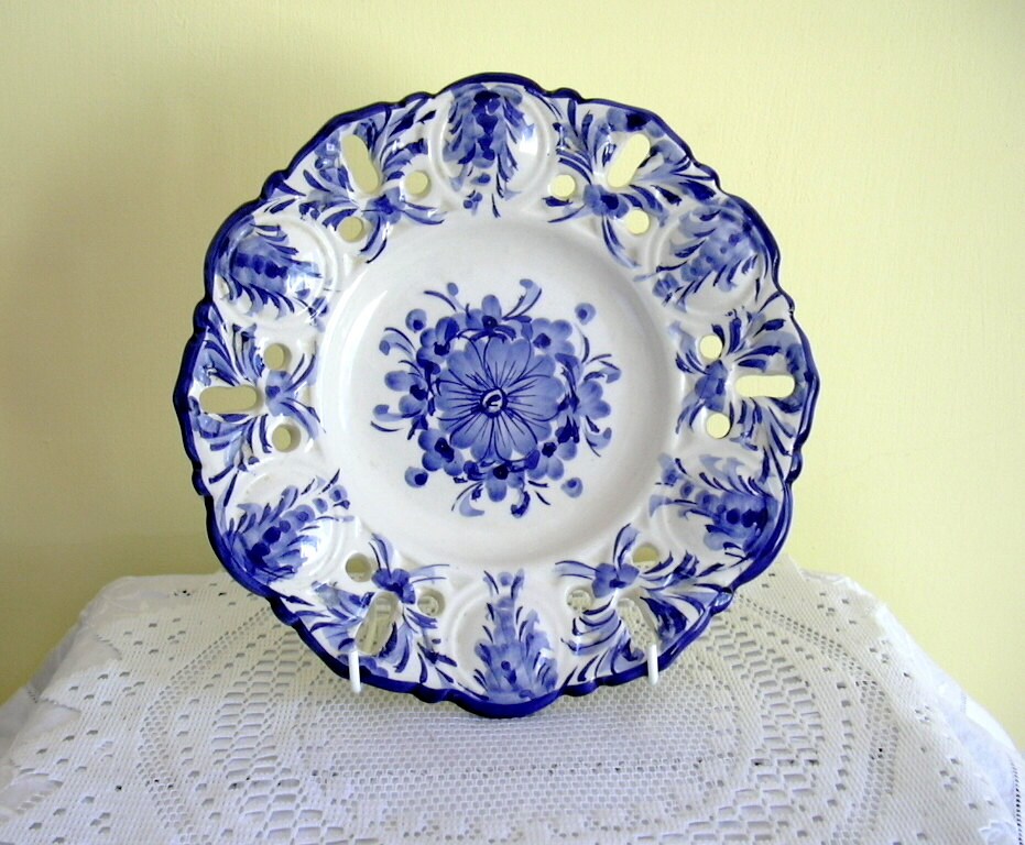 Vintage Portuguese Pottery Ribbon Plate Blue & by oldworldvintage