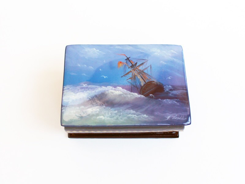 Vintage Russian Hand Painted Lacquer Box / SHIP In Ocean Storm / Folk ...