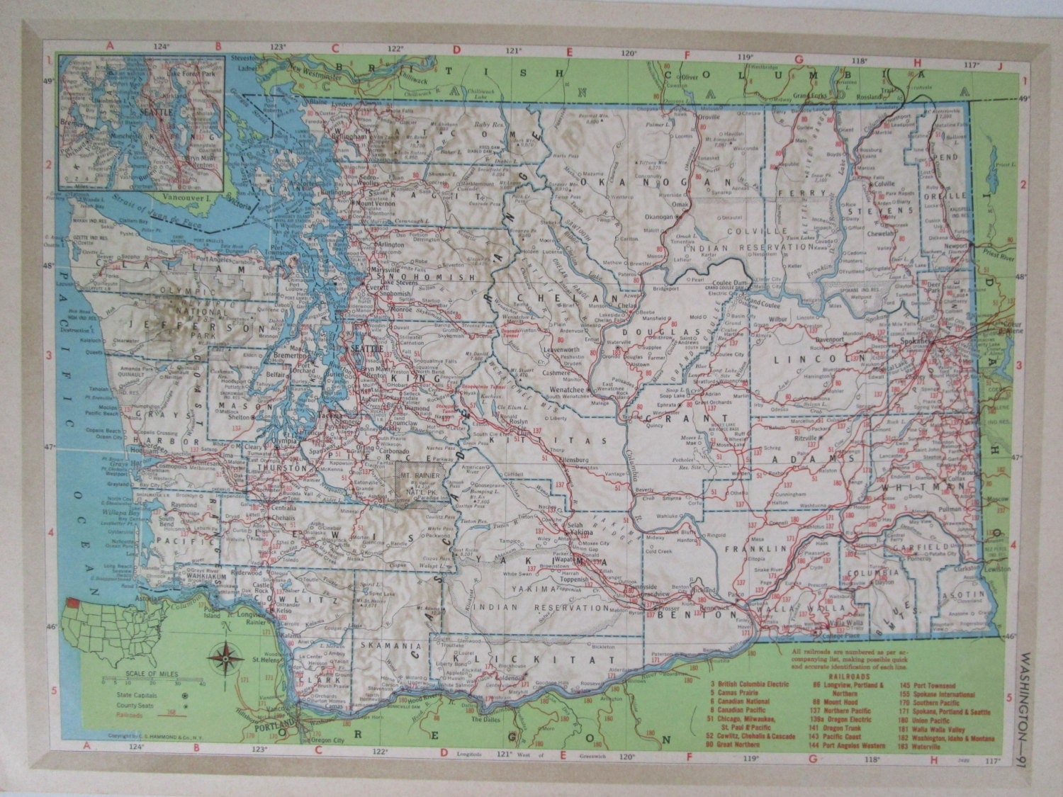 1952 WASHINGTON State Railroad Map. 8x11. by OriginalAntiqueMaps