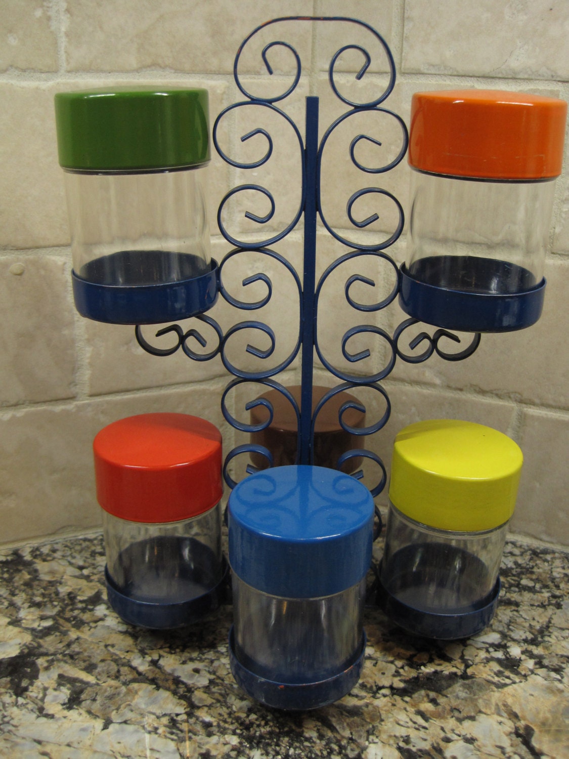 Metal Spice Rack with 6 Lidded Jars, Mid Century, Retro Spice, Storage ...