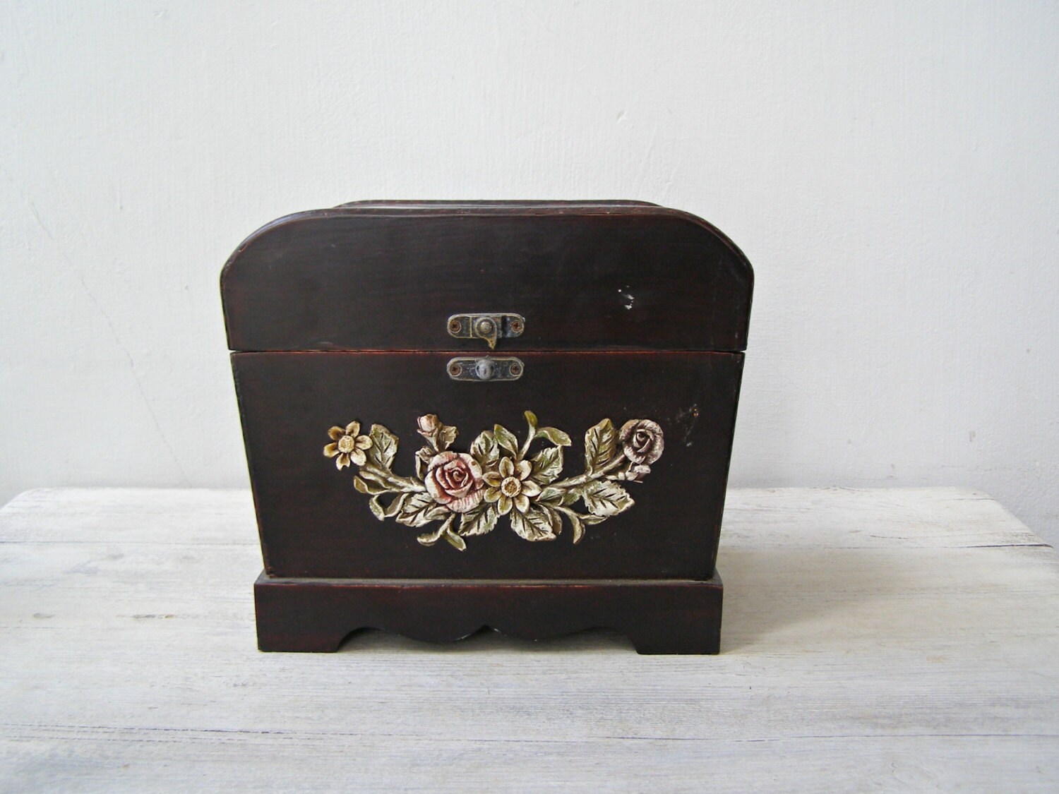 Ornate Rustic Flower Wood Brown Chest Box, Miniature Luggage Case ...