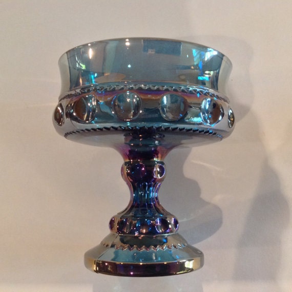 1970s Fenton Glass Iridescent Blue Pedestal Candy Dish