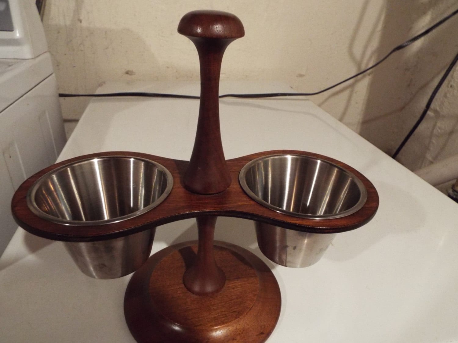 retro wood and stainless steel condiment serving caddy tray swivels ...