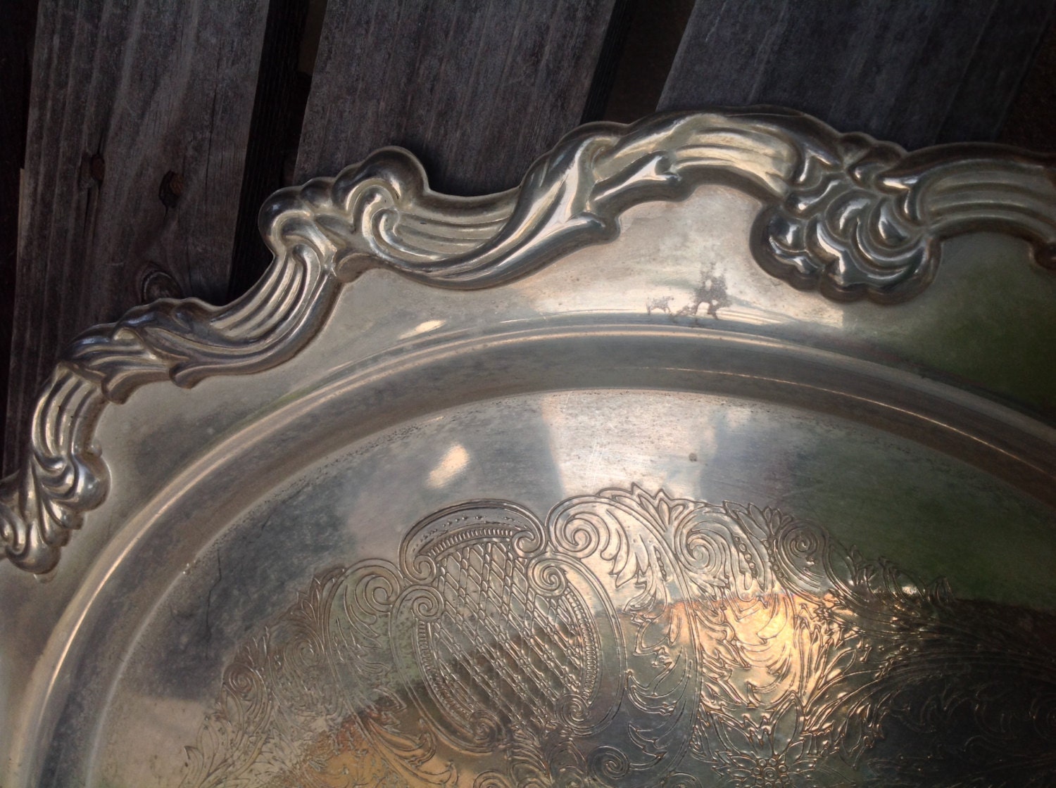 Round Silverplate Tray–17″ across — Vintage w/Gorgeous Ornate Baroque ...