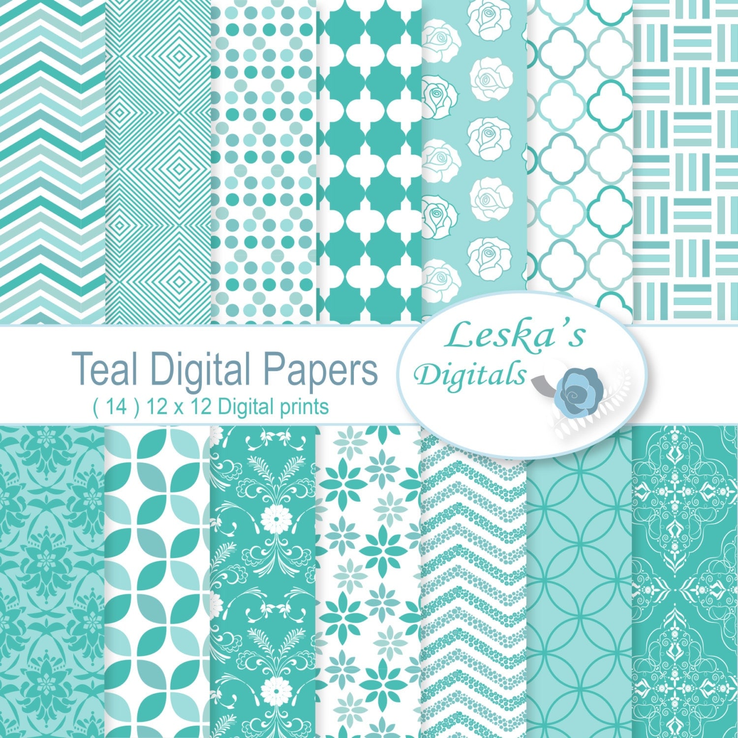Teal Digital paper pack Teal scrapbook paper Teal by DigitalWork