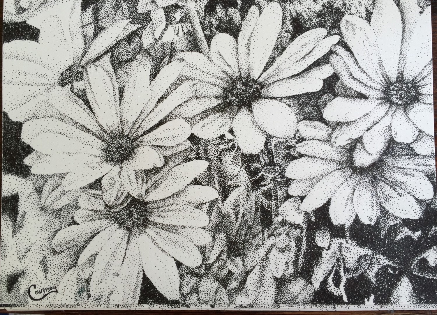 ORIGINAL Stipple Drawing of Flowers 7x10 by CourtneyPiersonArt