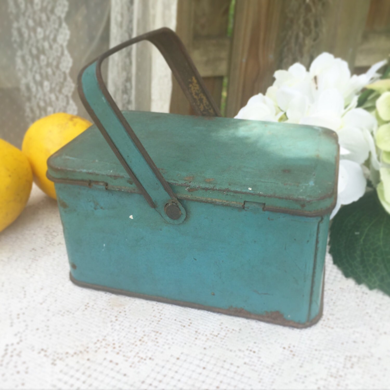 Blue decorative Tin basket lunch box, pail, w/ handle canister. Biscuit ...
