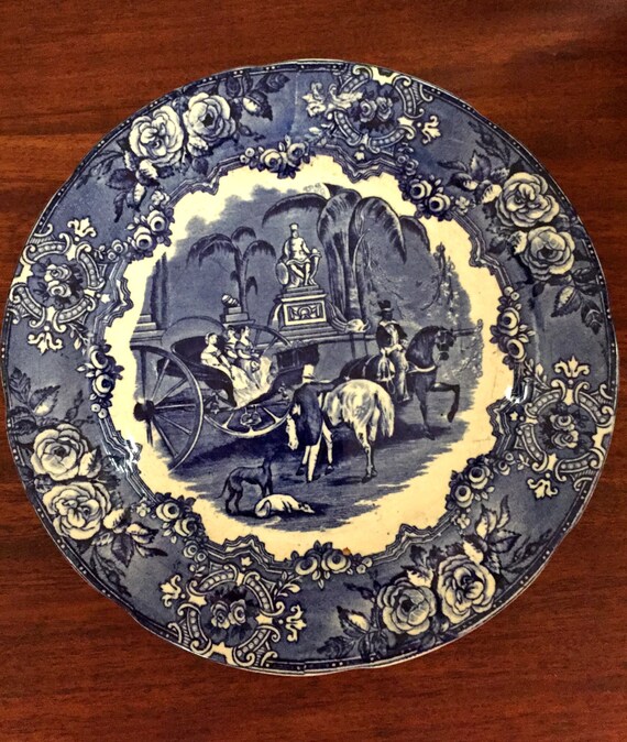 Antique Flow Blue Plate Spanish Festivities 1798 Rose