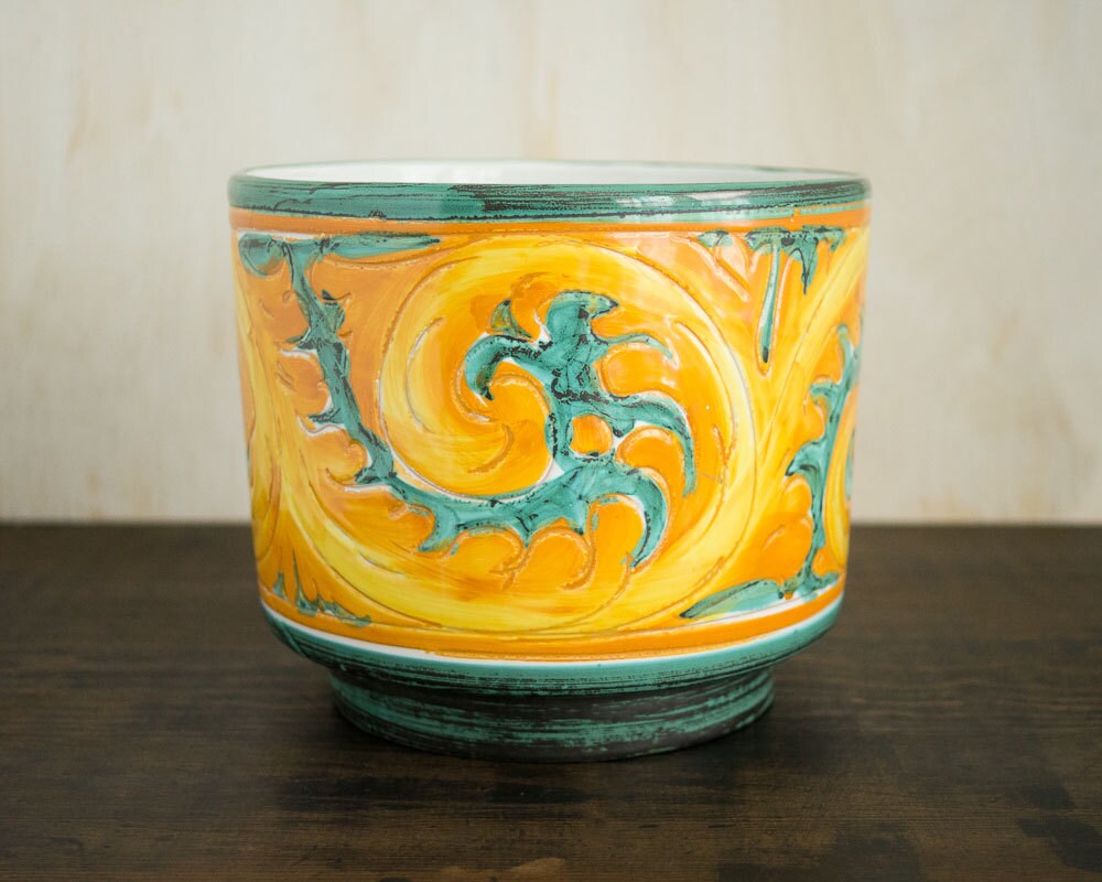 Italian Cache Pot Footed Flower Pot 8″ diameter | Italy Sgraffito Swirl ...