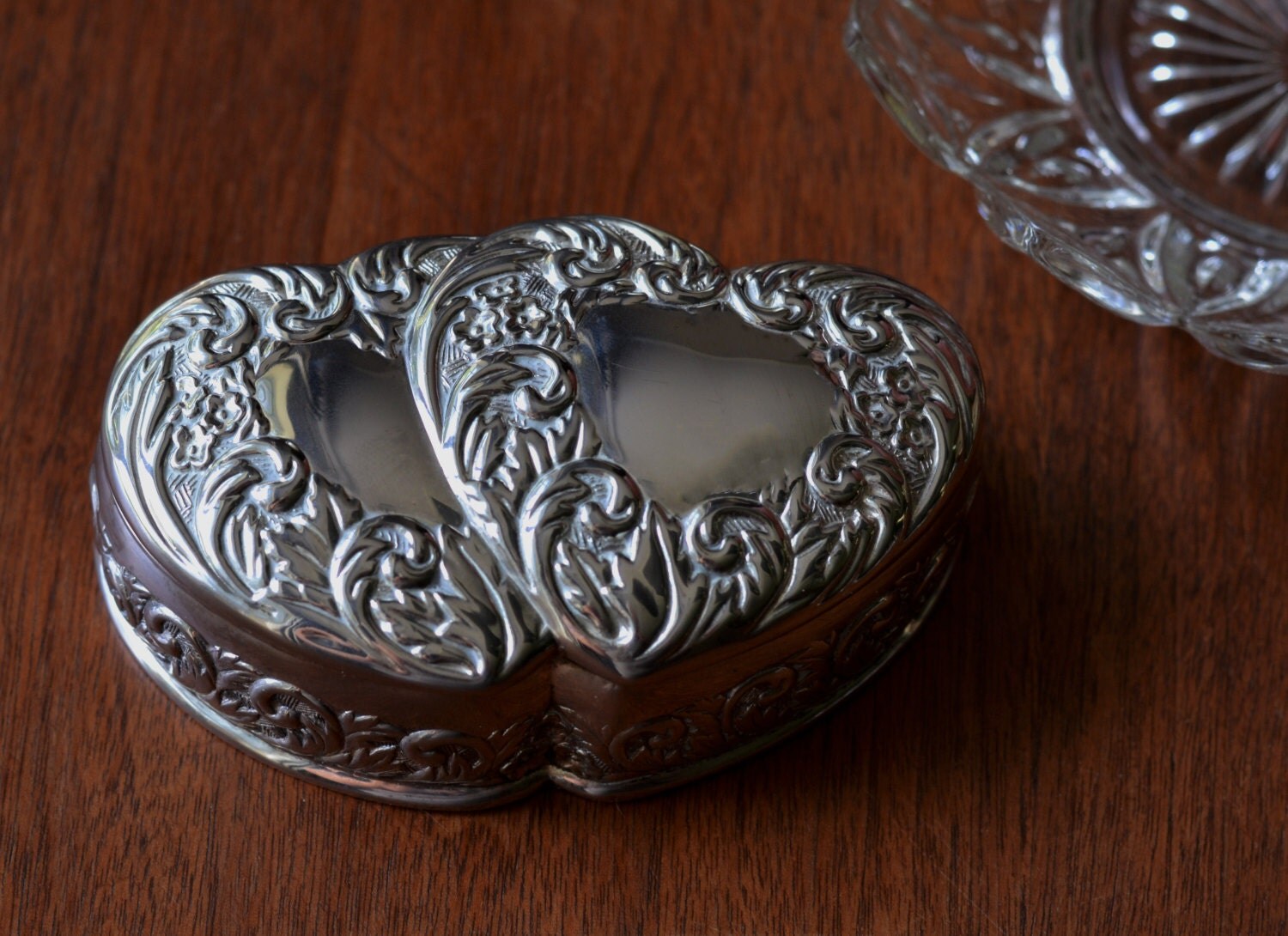SILVER HEART BOX jewlery box, vintage silverplate box, double hearts ...