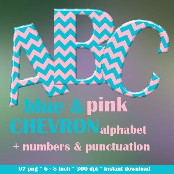 Blue and pink pastel chevron alphabet clipart, chevron font, capital ...