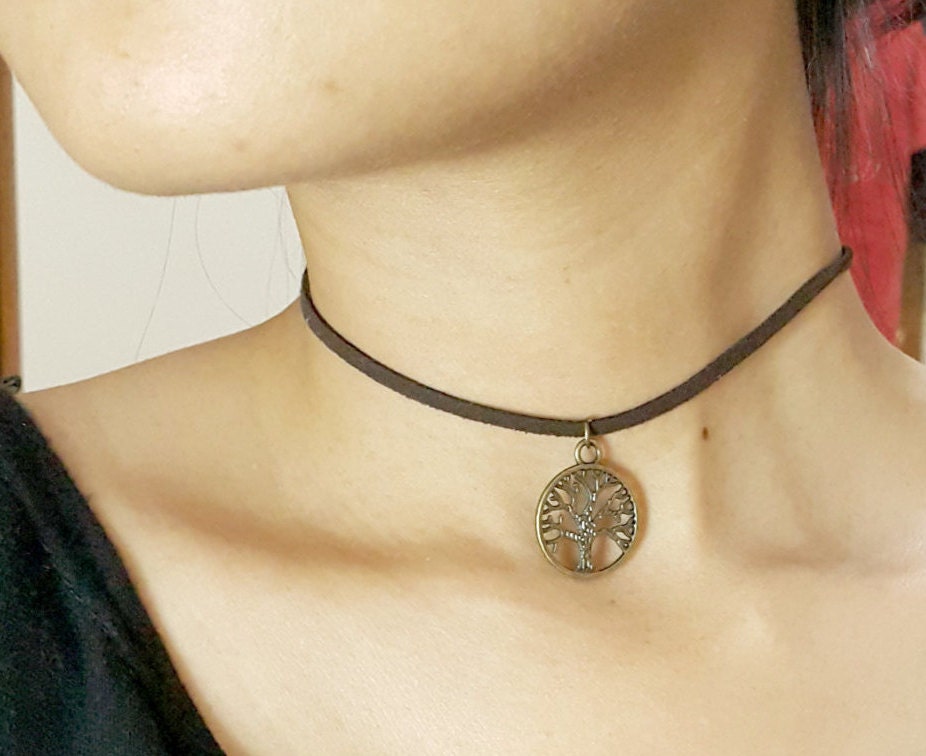 Tree of Life charm choker, Dark Brown Choker,Brown Chocker Necklace ...