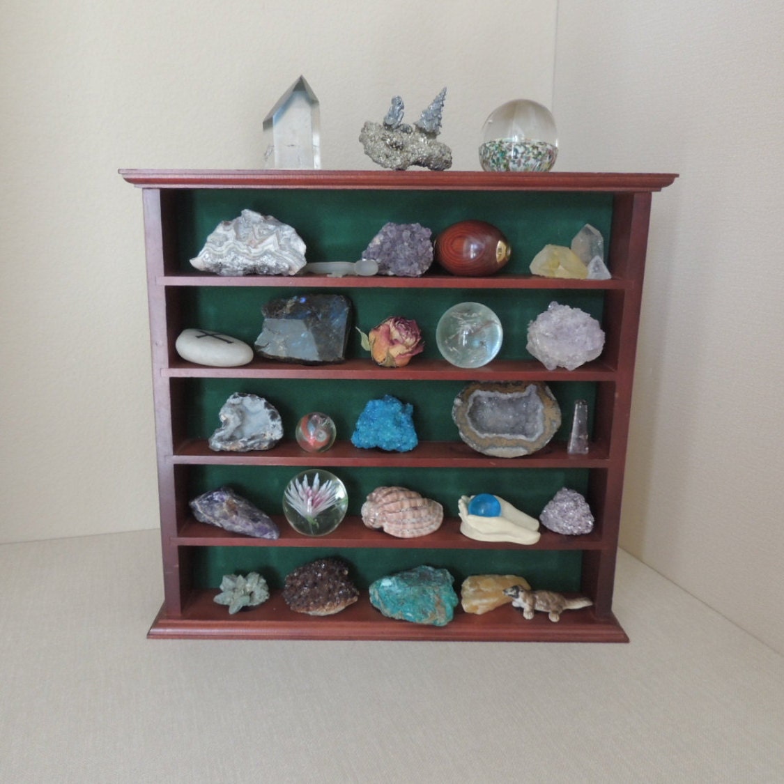 13″ Tall Five Shelf Wood Storage Unit. Indented Shelves Dark Wood ...