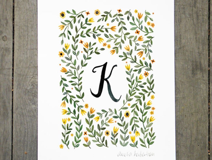 Monogram Letter K floral art print