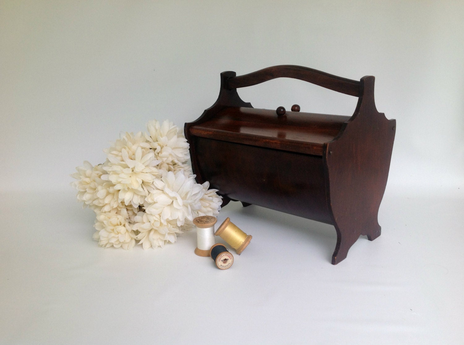 Antique Portable Wood Sewing Box Caddy with Handle and Feet – Haute Juice