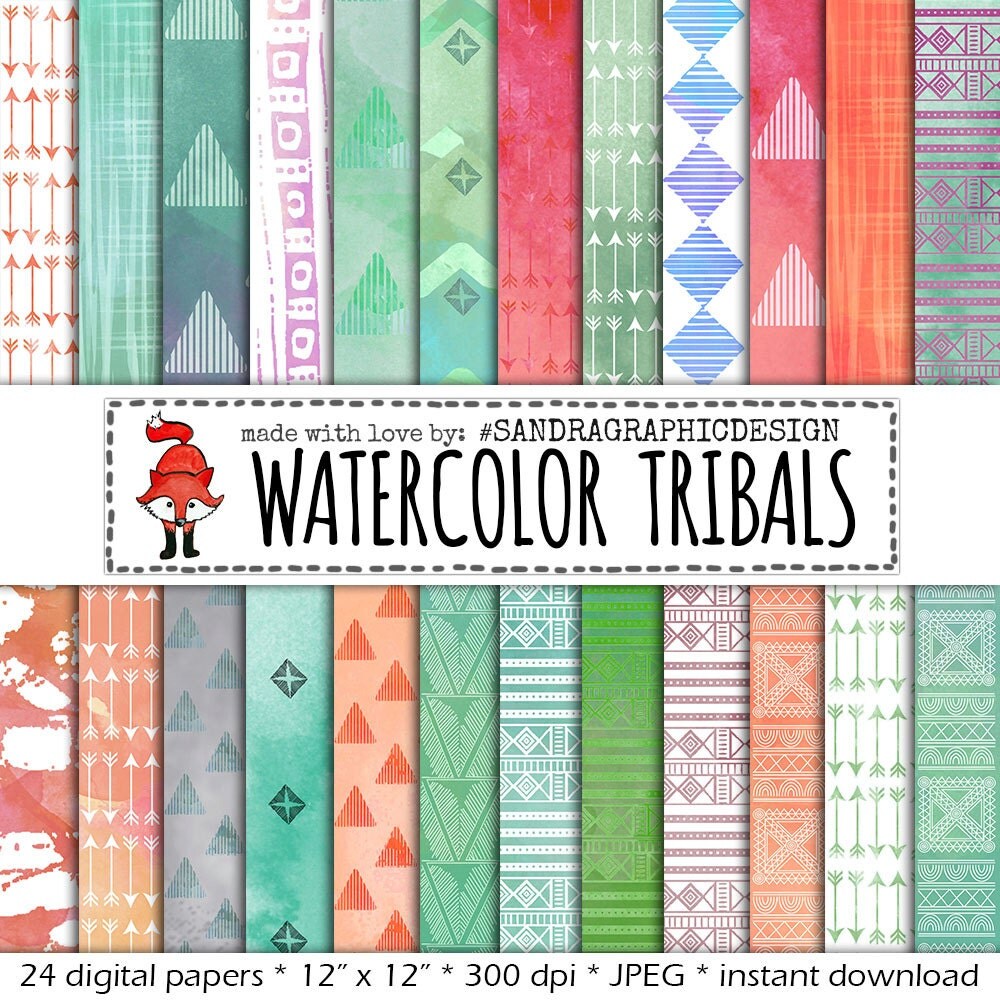 Digital paper: ” TRIBAL WATERCOLOR PAPER” with tribal patterns made ...