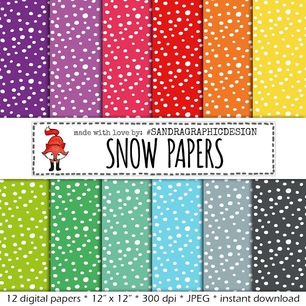 Snow digital paper: “SNOW COLORED PAPER” with snow pattern in rainbow ...