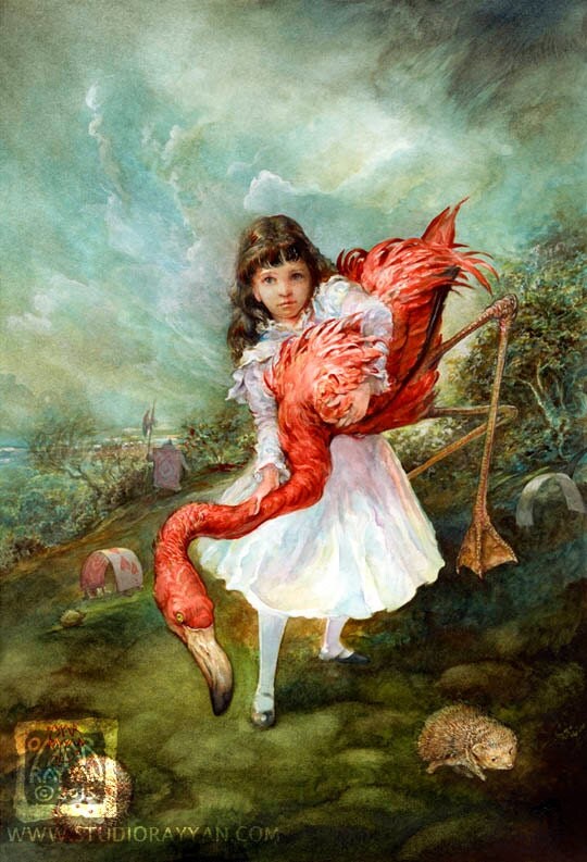 Croquet print Alice in Wonderland flamingo hedgehog