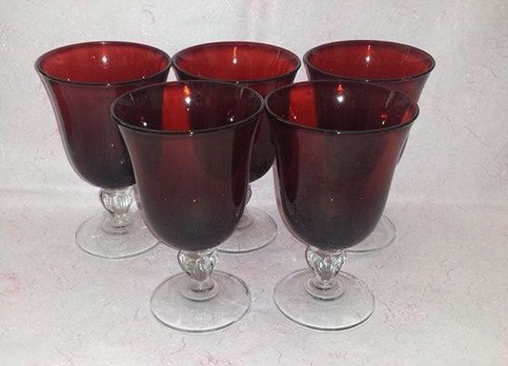 Vintage Ruby Red Goblets With Clear Ribbed Ball Stems Set Of 5 Ruby Red Stemware Vintage