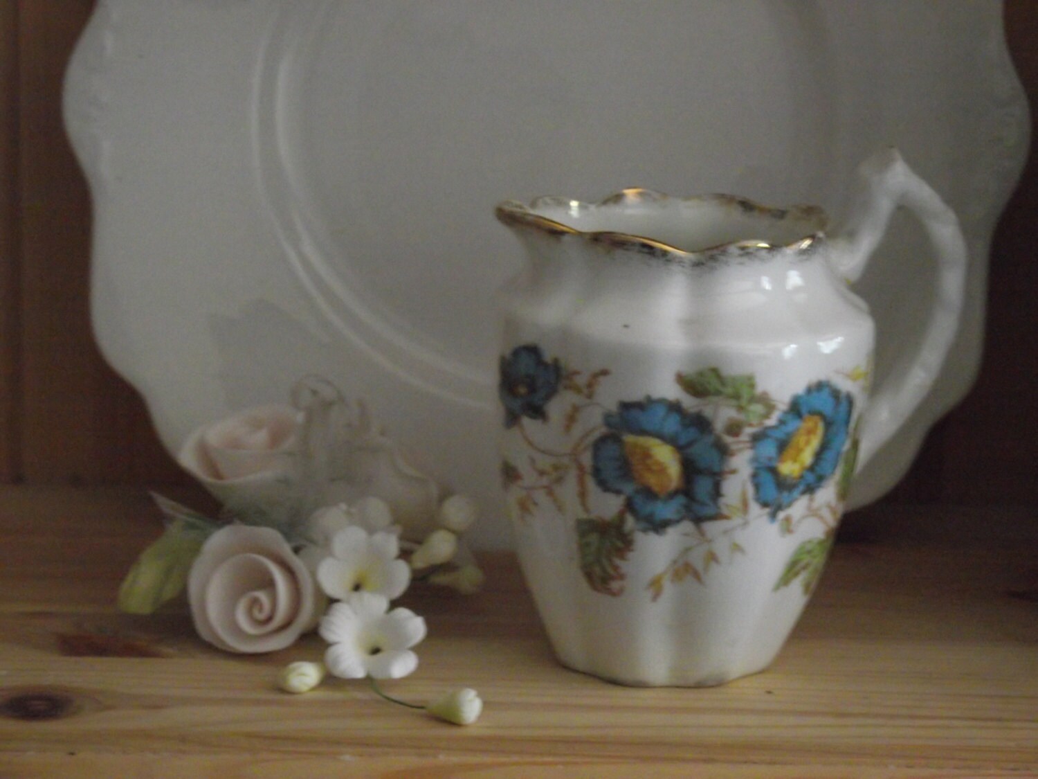 Vintage small China milk jug. White with blue flowers , gilding on ...