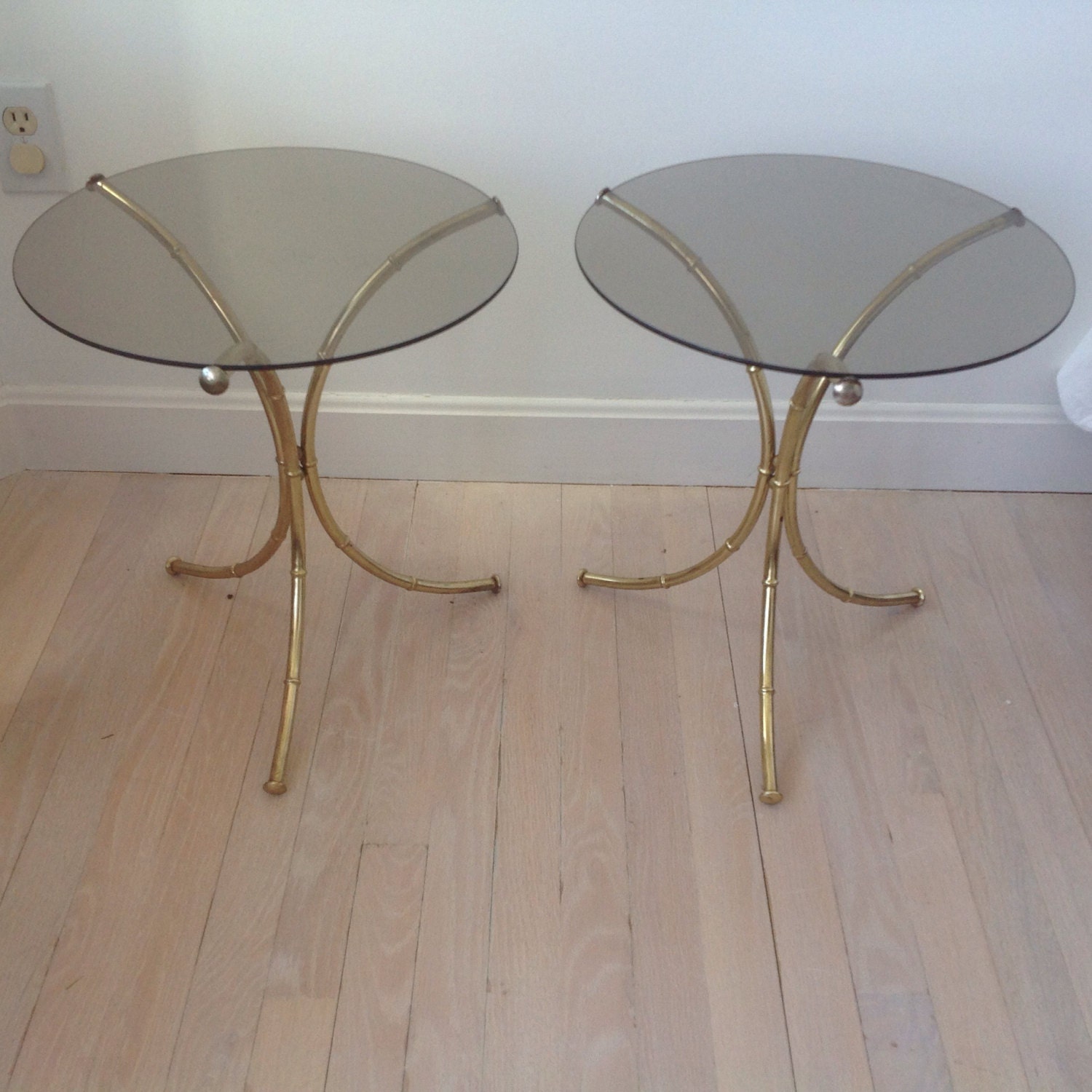 FAUX BAMBOO Tri Foot Table Pair Set Hollywood Regency Goldtone Metal ...