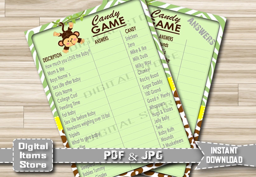 Printable Monkey Candy Bar Guessing Game Baby Shower Candy