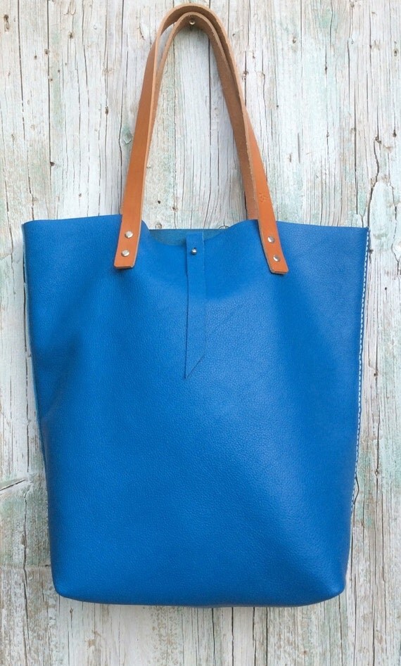 Items similar to Shopping bag / Blue tote bag / Blue leather bag on Etsy