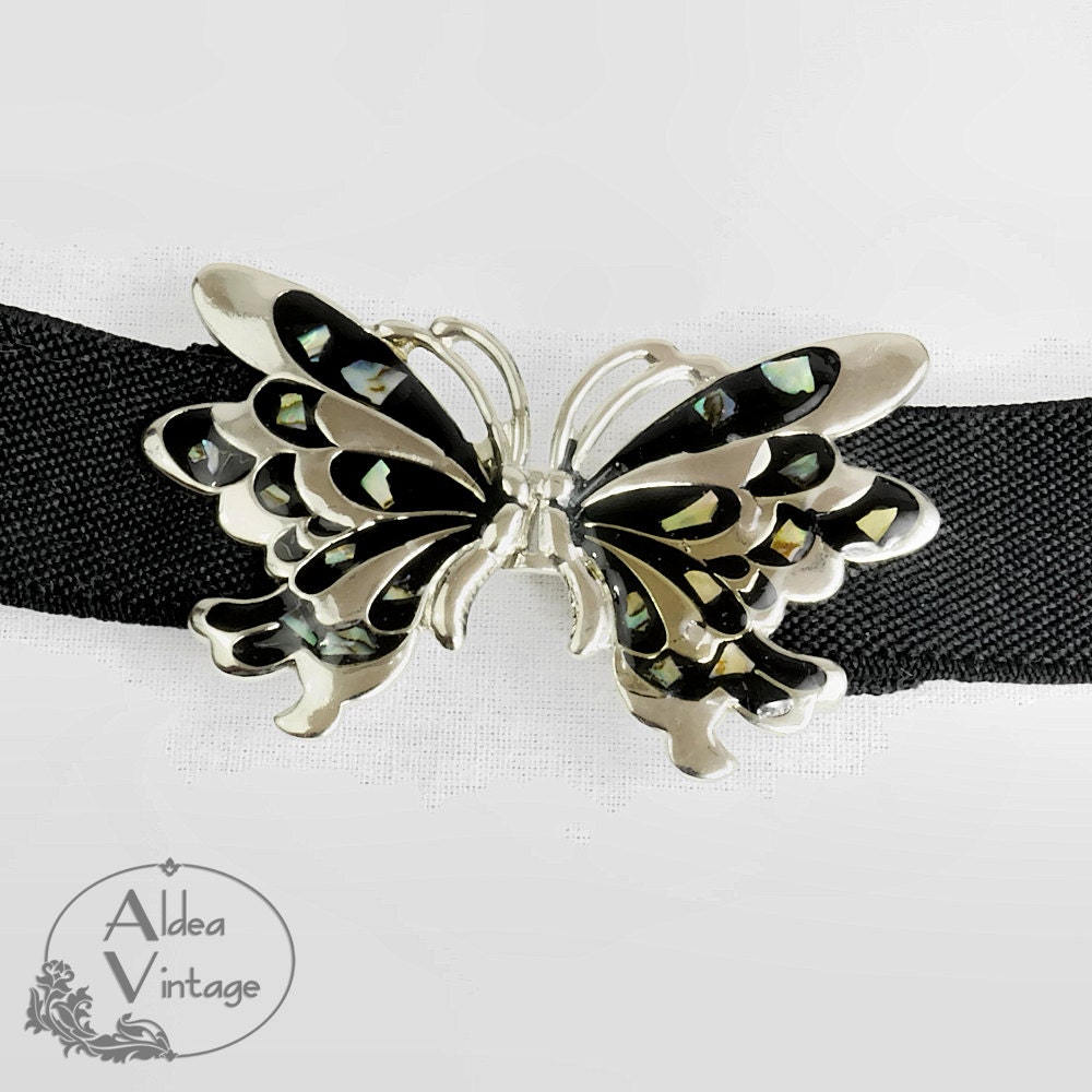 Butterfly belt, 1980s belt, black elastic belt, retro belt, silver ...