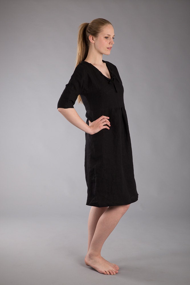 Linen Dress / Black Linen Work Dress / Washed Linen Feminine