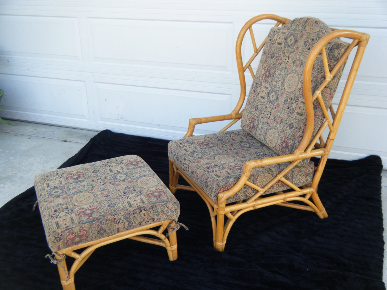 vintage large chinese chippendale bamboo wing back chair with ottoman ...