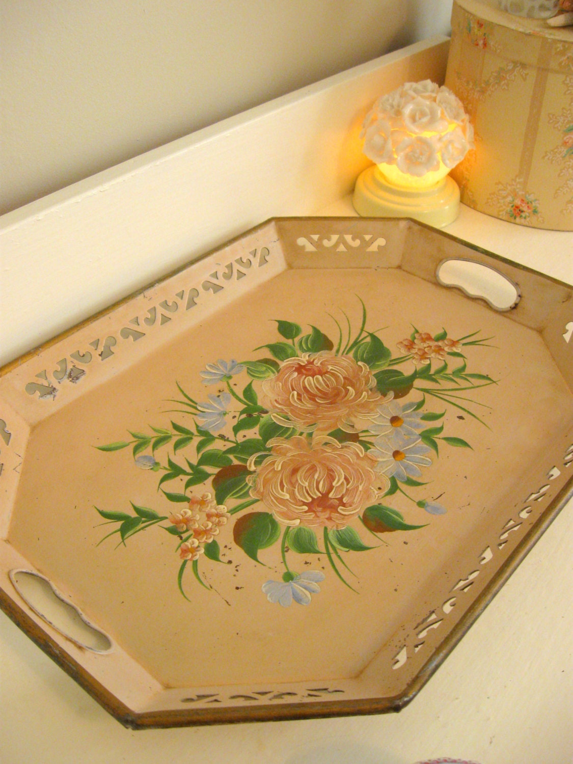 Vintage Large Pink Cottage Tole Painted Roses Paris Chic Tray ...