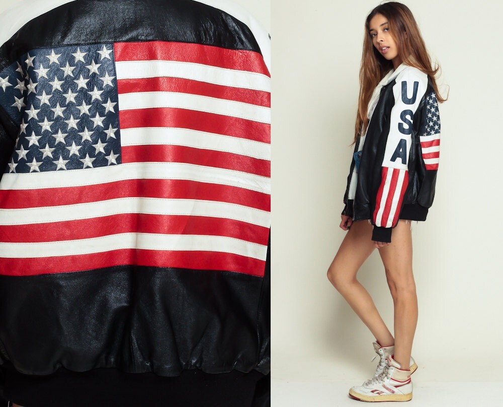 American Flag Jacket 80s LEATHER Jacket Biker Motorcycle USA