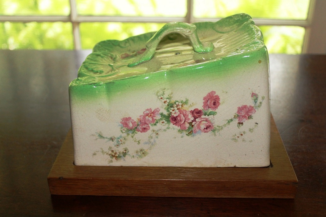 Vintage cheese keeper cover with custom made wooden base soft green and ...