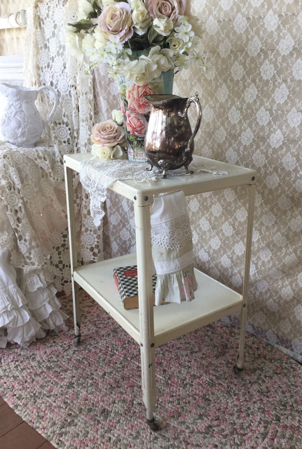 Shabby chippy enamel vintage white utility cart, Bar cart, cocktail ...