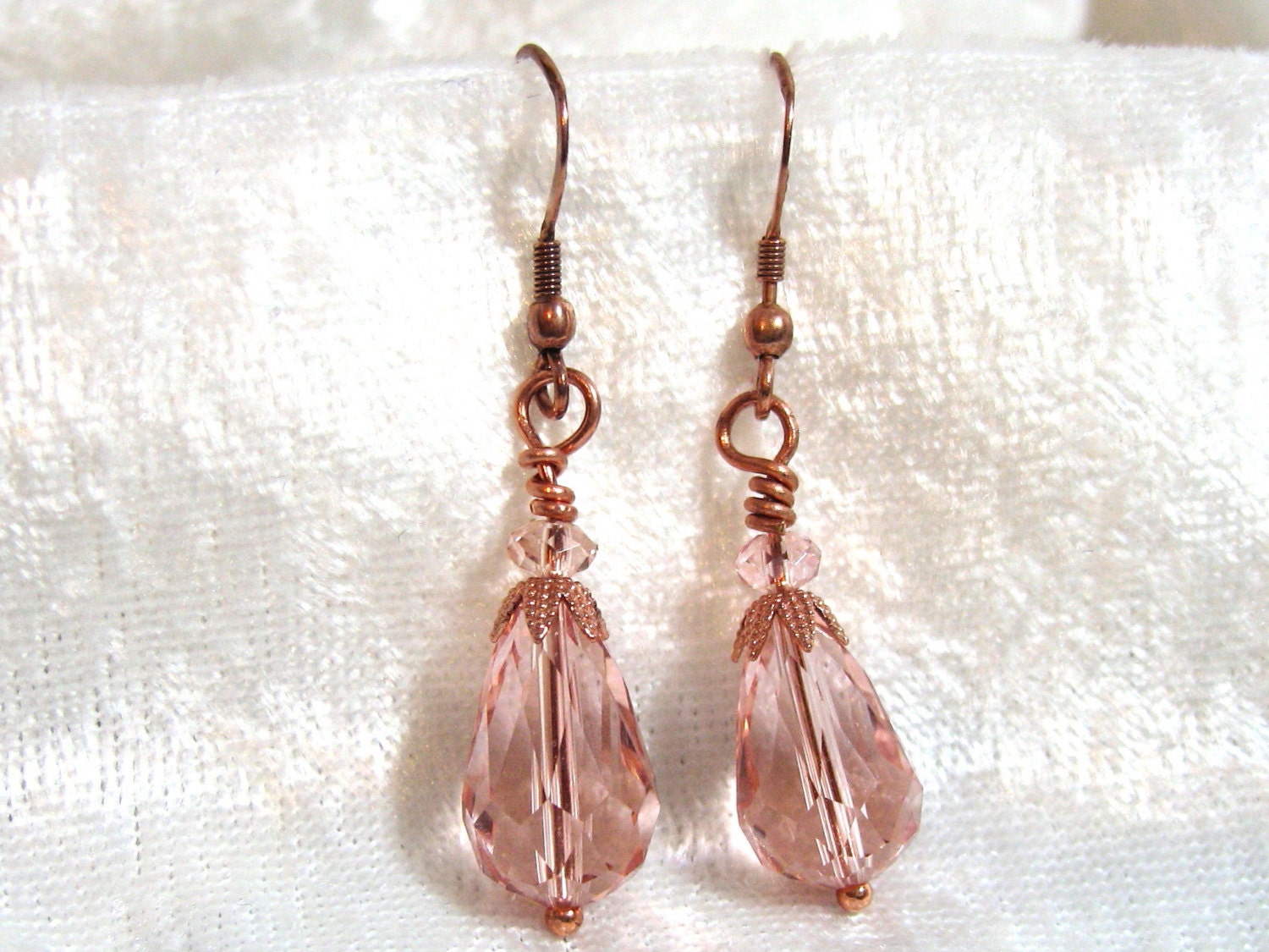 Long Pink Crystal Earrings Pink Dangle Earrings Solid Copper