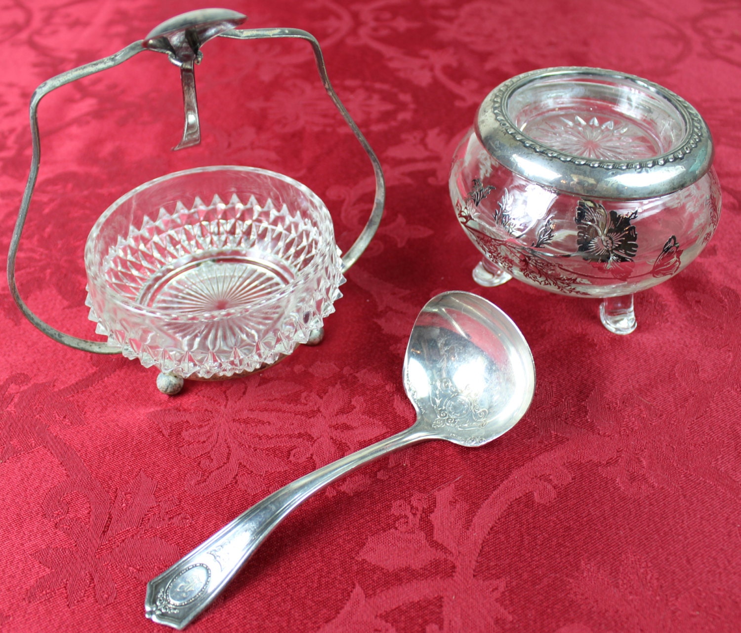 Set of 2 — Vintage English Silver /Diamond Point Cut Glass Bowl, Silver ...