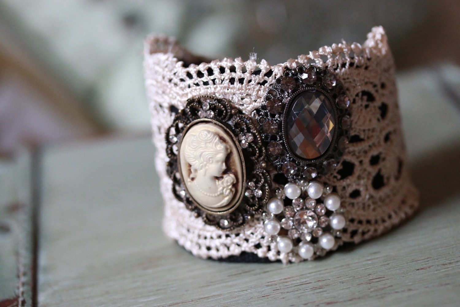 Cuff bracelet vintage Victorian style with lace & rhinestone