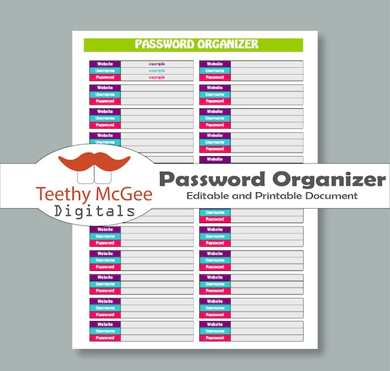 Digital Password Organizer Editable Digital and Printable